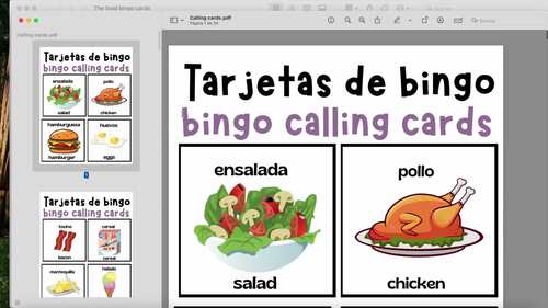 Food/ La comida bilingual BINGO CARDS (SPANISH/ENGLISH) by Yamilex Castillo