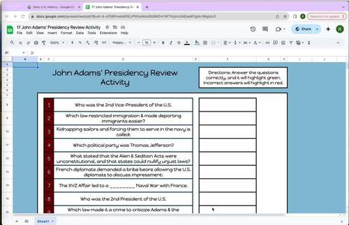 President John Adams History Interactive Google Sheets Digital Game ...