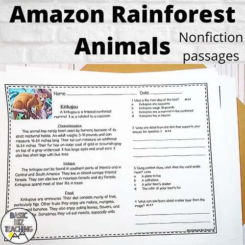 Amazon Rainforest Animals Reading Comprehension Passages by Basic Biz ...