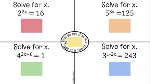 DIGITAL Solving Exponential Equations via Change of Base Placemats Activity