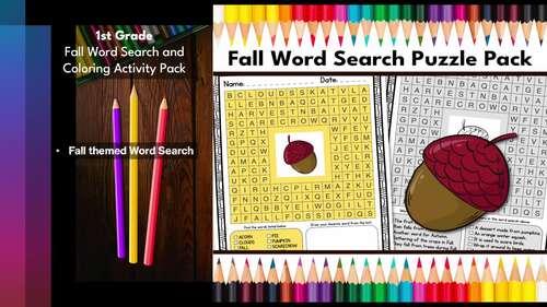 1st Grade Fall Word Search and Coloring Activity Pack for First Graders