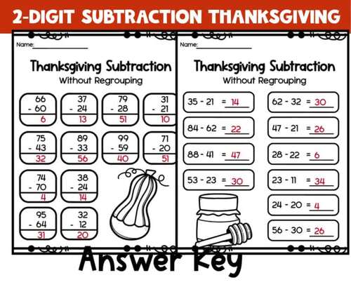 Thanksgiving Subtraction Without Regrouping | Subtraction within 100
