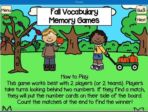Fall Vocabulary Memory Games Boom Cards™ Speech Therapy Language Activity