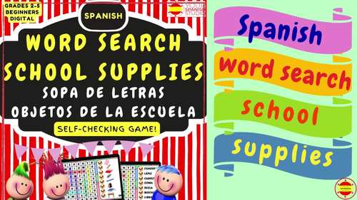 Spanish word search school supplies Sopa de letras No prep digital game
