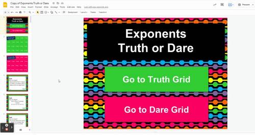 Exponents Practice, Intro to Exponents Game 6th Grade Digital Truth or Dare