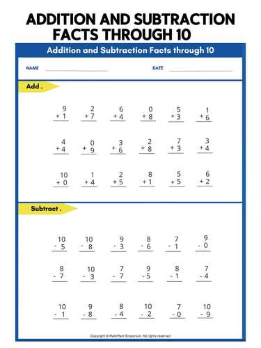 Addition and Subtraction Facts through 10 | 1st Grade Math Worksheets