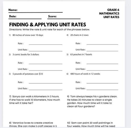 Finding & Applying Unit Rates Practice Worksheet (6th Grade) | TPT