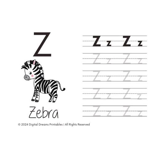 Tracing Alphabet Letters Practice Z for Zebra Booklet Uppercase + Lowercase