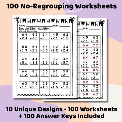 double digit addition without regrouping worksheets within 100 | grade 1–2