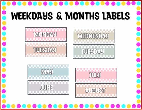 Boho Checkered Weekdays and Months Labels, Editable Classroom Labels