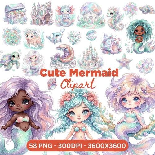 Cute Mermaid & Under the Sea Watercolor Clipart Bundle - 58 PNG Graphics