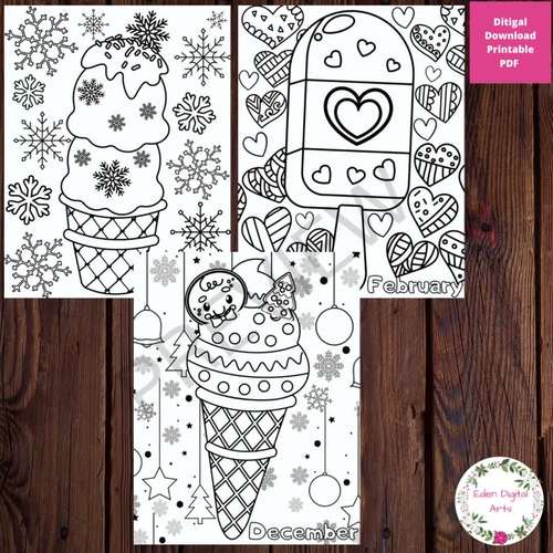Winter Months Ice Cream Snowflakes Hearts 3 Coloring Pages Seasons Posters