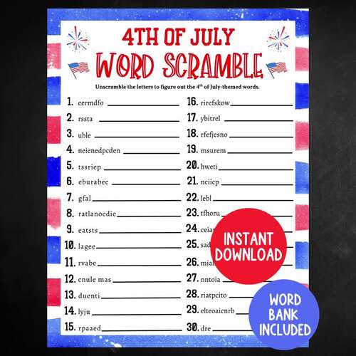 4th of July Word Scramble, Printable U.S. Independence Day Classroom Game