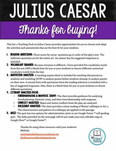 Julius Caesar Act 2 - Lessons for Act Two of Shakespeare's Play - EDITABLE