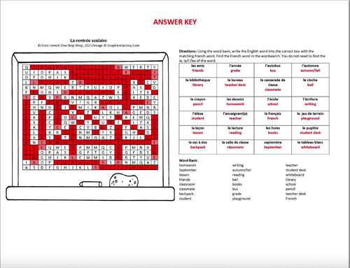 Core French Back to School Wordsearch (La rentrée scolaire: Mots Câchés)