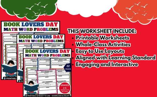Book Lovers Day Math Word Problems Worksheets, 2nd 3rd 4th 5th Grade
