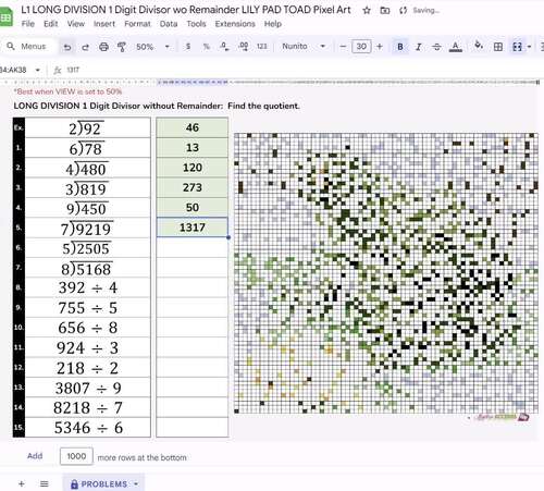 LONG DIVISION 1 Digit Divisor WITHOUT Remainder Pixel Art Math Digital ...
