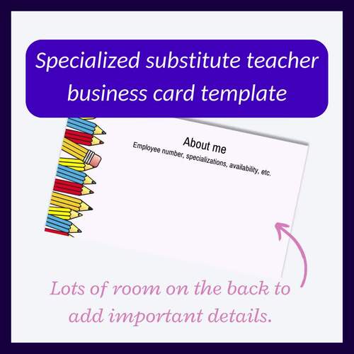Substitute teacher business cards with colored pencils. 100% customizable.