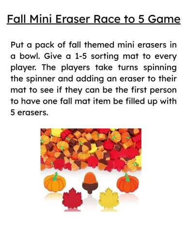 Fall Themed Mini Erasers RACE TO 5 Game by plizziepre-k | TPT