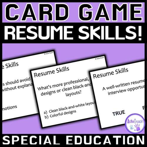 Resume Lesson Resume Card Game Resume Game Work Readiness Special Education