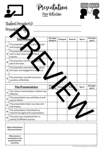 Presentation Feedback worksheets | Student Self Reflection and Peer ...