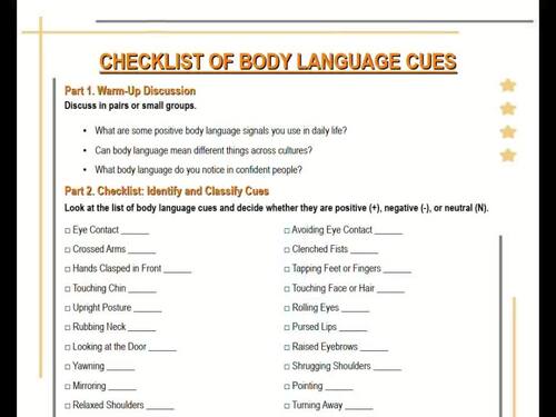 Checklist of Body Language Cues - Worksheet + Video by ESL Wonderland ...