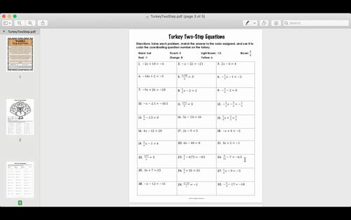 Turkey Two-Step Equations: Thanksgiving Coloring Activity by Oaklynn ...