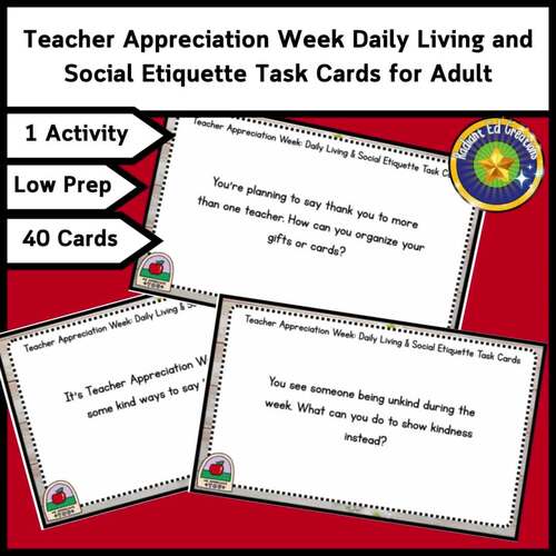 Teacher Appreciation Week Daily Living and Social Etiquette Task Cards ...