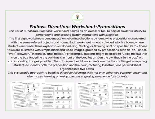 Follows Directions Worksheets-By Preposition (ABLLS-R aligned) | TPT