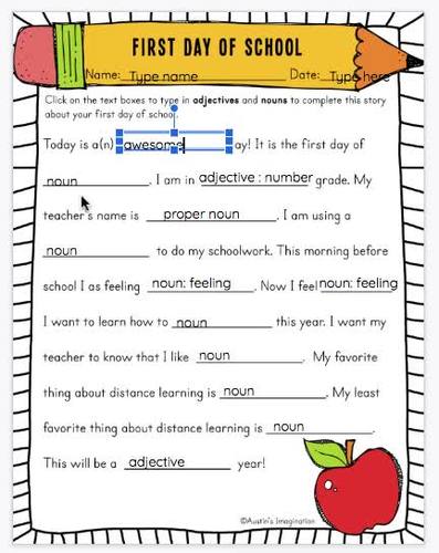 Back to School Stories Fill in the Parts of Speech - Print and Digital