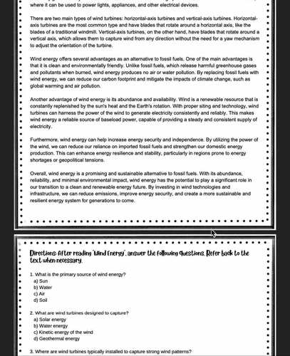 Wind Energy Informational Text Reading Passage With Questions | TPT