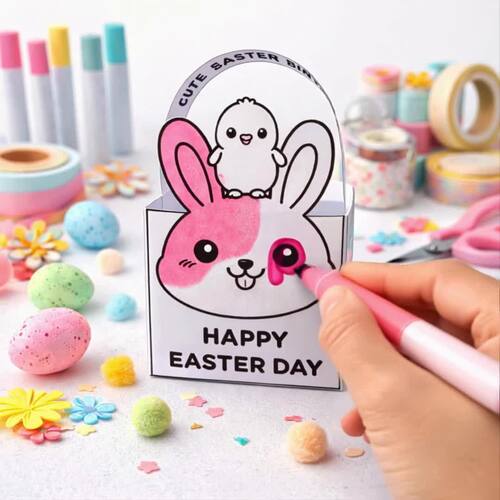 Easter Bunny Basket Crafts, DIY Coloring Craft Templates for Easter Day ...