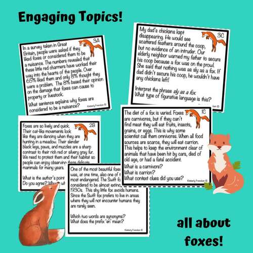 Foxes Nonfiction Reading Comprehension and ELA Task Cards and Printables