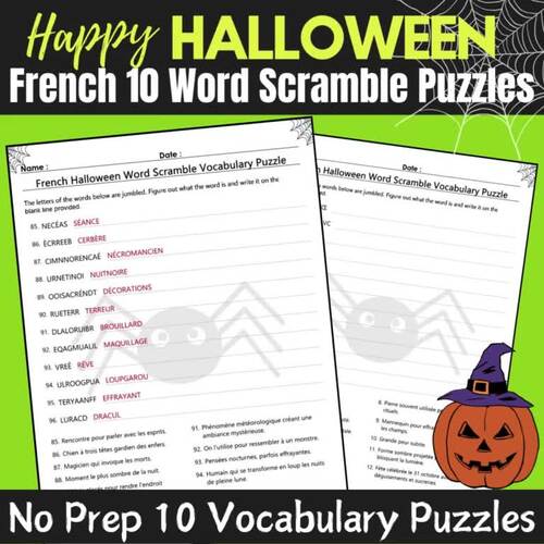 Halloween French Word Scramble 10 Puzzles Vocabulary Activities No Prep