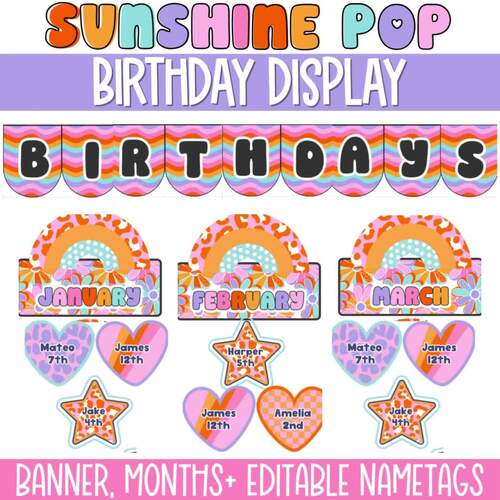 Retro Groovy Editable Birthday Display for Classroom Rainbow Birthday ...