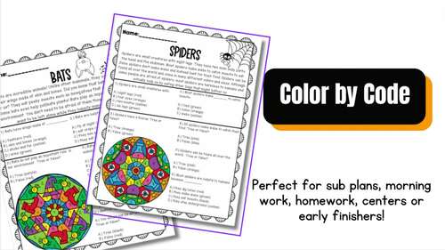 Halloween Color by Code Reading Comprehension for 2nd & 3rd Grade