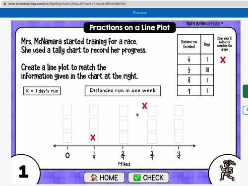 Fractions on a Line Plot Word Problems - Self-Checking Boom™ Cards | 4.MD.B