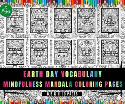 Earth Day Vocabulary Mindfulness Relaxing Coloring Sheets, No Prep