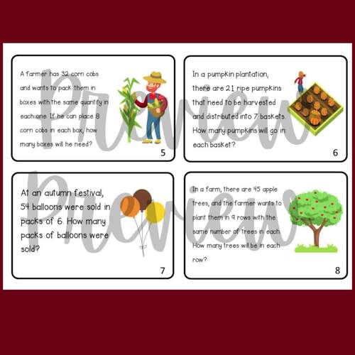 Fall Division Word Problems Task Cards by Bilingual Teaching Made Easy