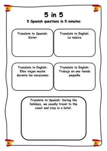 GCSE Spanish Starter Questions Worksheets PDF by Worksheet Whisperer
