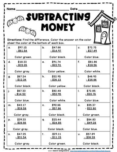 Subtracting Money: Color by Number-Halloween Theme by Rebecca's Ready ...