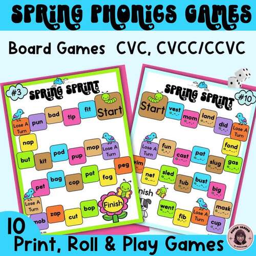 Spring Phonics Board Games CVC Word Games, CVCC, CCVC Blends Science of ...
