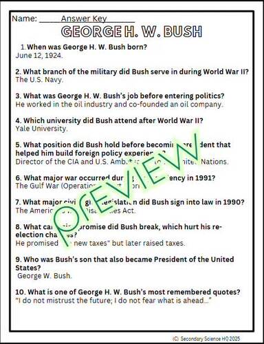 George H. W. Bush US President Study Guide Worksheet Coloring and Questions