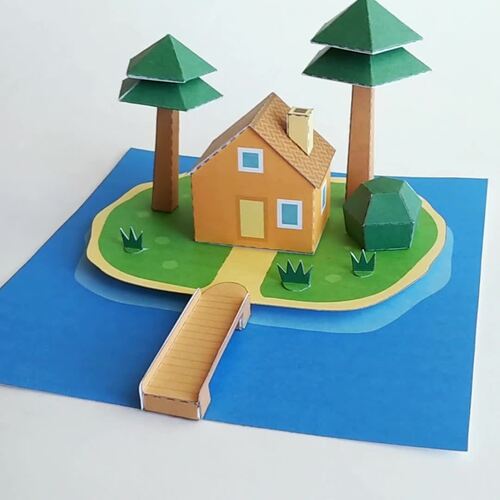 Diorama House on an Island with Pine Trees. Printable Papercraft Template