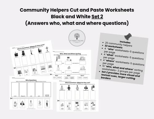 Community Helpers Worksheets-Answer Who, What and Where-Cut and Paste Set 2