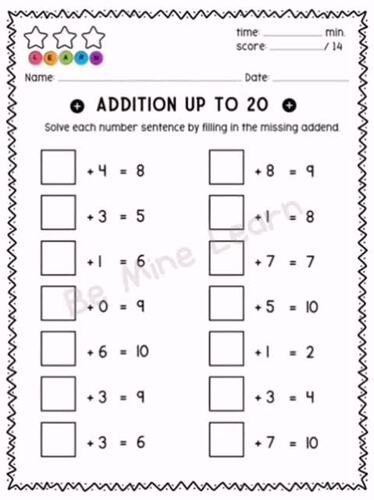 Missing Addend Worksheets Up to 20 (Grade 1-2) by Be Mine LEARN | TPT