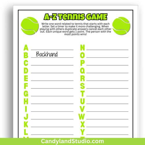 Tennis A-Z Word Game for Sports Team Building & Bonding No Prep Activity