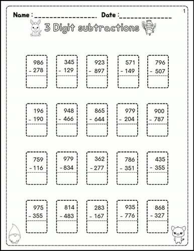 3 Digit Subtraction by 3 Digit Worksheets! fun and easy learning! by ...
