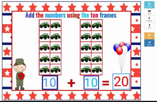 Veterans Day Math Ten Frame Addition to 20 Boom Cards 1st Grade Math