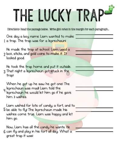 St. Patrick's Day Leprechaun Trap Reading Passage 8 Levels! Write ...